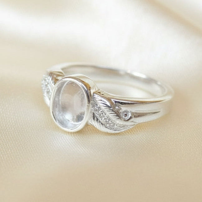 Solid silver Feather ring with cz for 7x5 Cabochon OR resin ...
